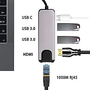 Leya-US Spare Part USB-C/Type-C to HD 4K HDMI + RJ45 + USB 3.0 + USB 2.0 + PD 5 in 1 HUB Converter