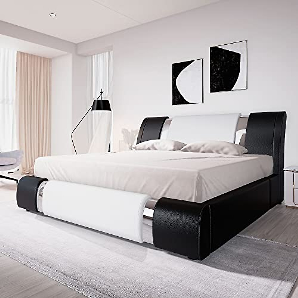 Allewie Queen Bed Frame with Iron Piece Decor, Faux Leather Upholstered Platform Bed with Adjustable Headboard & Strong Wooden Slats, No Box Spring Needed, Black and White