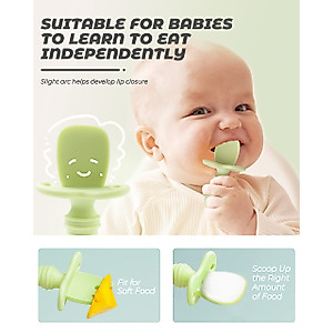 4 Pcs Baby Spoons Self Feeding 6 Months, Silicone Baby Spoons First Stage and Baby Fork, Toddler Utensils for Baby Led Weaning with 2 Cases (Green, Grey)