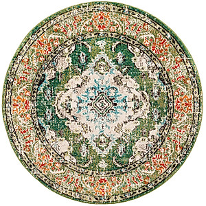 SAFAVIEH Monaco Collection Area Rug - 5' Round, Forest Green & Light Blue, Boho Medallion Distressed Design, Non-Shedding & Easy Care, Ideal for High Traffic Areas in Living Room, Bedroom (MNC243F)