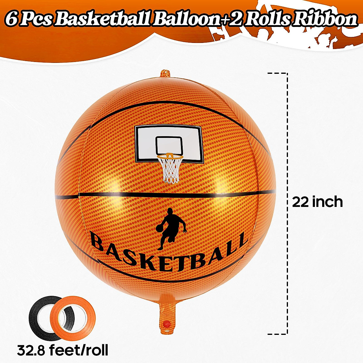 Basketball Balloons, 6 Pcs Metallic Foil Round Balloons, 22 Inch Large Mylar Basketball Balloons for Birthday Basketball Sports Themed Party