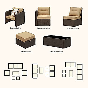 SUNVIVI OUTDOOR 8 Piece Outdoor Patio Furniture Set, PE Rattan Wicker Sofa Set, Outdoor Sectional Furniture Chair Set with Coffee Table and Ottoman（Brown/Beige）