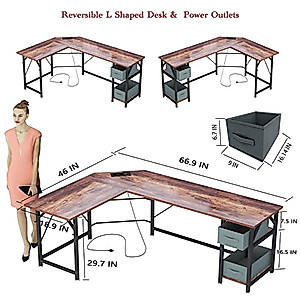 SZXKT L Shaped Desk with Power Outlets,66 inch Corner Computer Desk with Drawers,Gaming Desk Home Office Writing Study Table Reversible L Desk with Storage Shelves and Hooks(Rustic Brown)