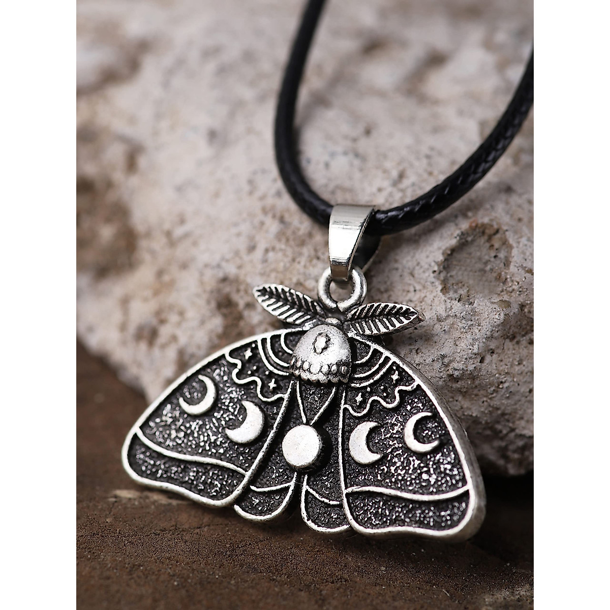 HAQUIL Moth Necklace, Moon Phase Moth Pendant, Faux Leather Cord, Wiccan Moth Jewelry Gift for Women