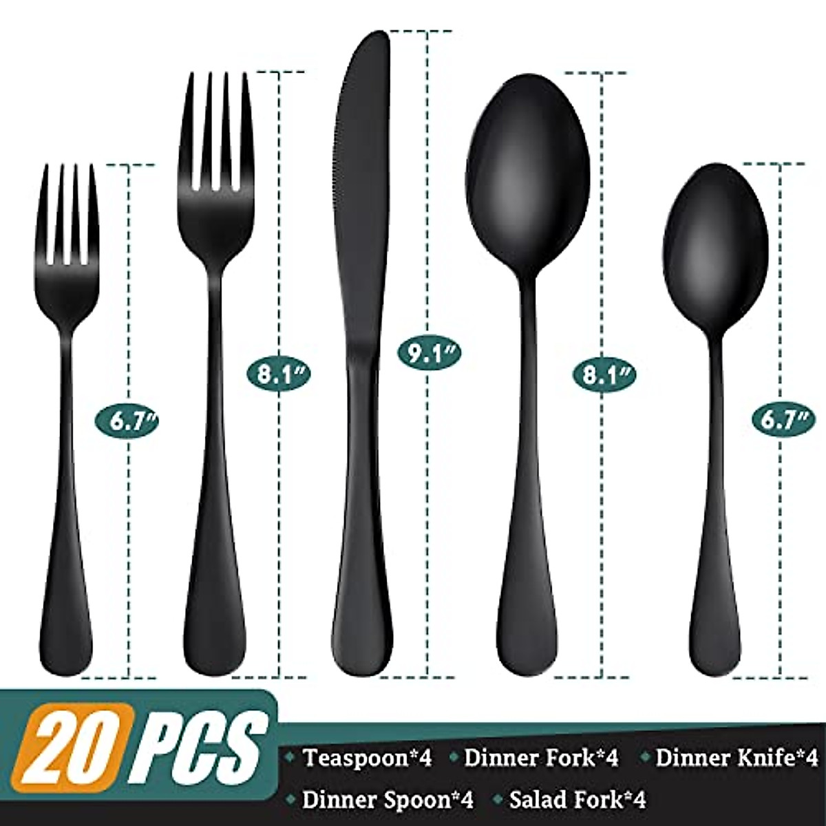 20 Piece Black Silverware Set Service for 4, Stainless Steel Flatware Utensils Set, Black Cutlery Set Knives Spoons and Forks Set, Mirror Polished, Dishwasher Safe