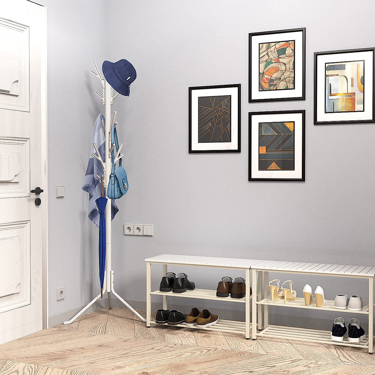 Simple Houseware Standing Coat and Hat Hanger Organizer Tree Shaped Rack, 18 Hooks, White