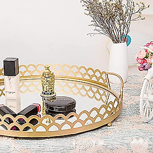 MAONAME Gold Mirror Decorative Tray, Large Vanity Tray with Handle, Metal Round Glass Tray for Bathroom, Dresser, Storage | 17" x 17" x 2.75"