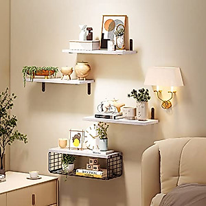 Fixwal 4+1 Tier Floating Shelves, Rustic Wood Wall Mounted Shelf, Bathroom Shelves Over Toilet with Wire Storage Basket, Farmhouse Wall Decor for Bedroom, Kitchen, Living Room and Plants (White)