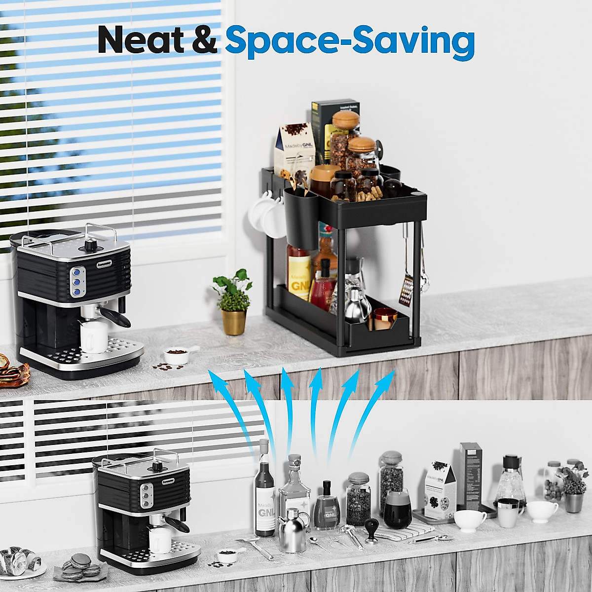 MadebyGNL Under Sink Organizer, Black, ABS Plastic, Slide-Out Basket, 2-Tier, 4 Hooks, 2 Cups, No Tools Required, Easy Setup, Damp Cloth Wipe, Wide Application, After Sales Service