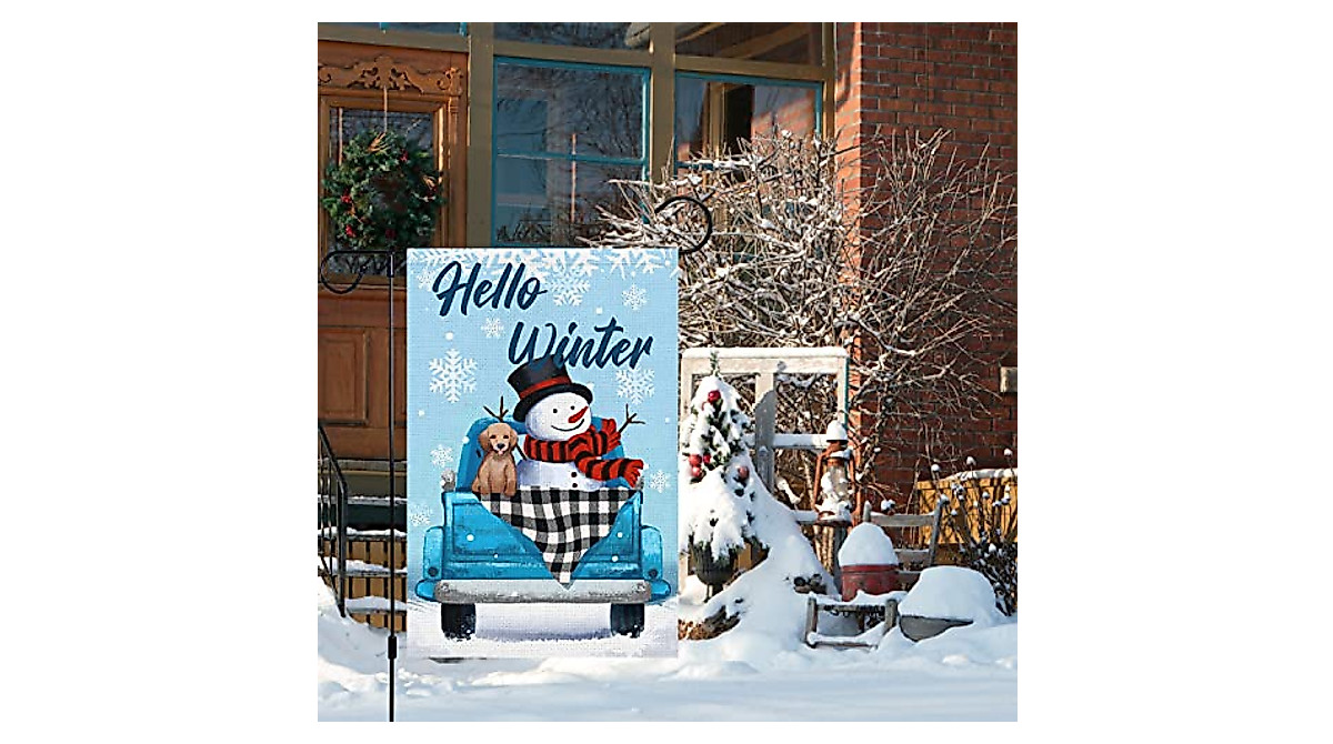 Hello Winter Garden Flag 12x18 - Double Sided Burlap Decor