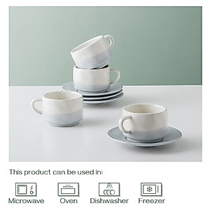 DOWAN Espresso Cups with Saucers, 3 oz Porcelain Demitasse Cups, Ceramic Coffee Cups, Set of 4, Blue & White