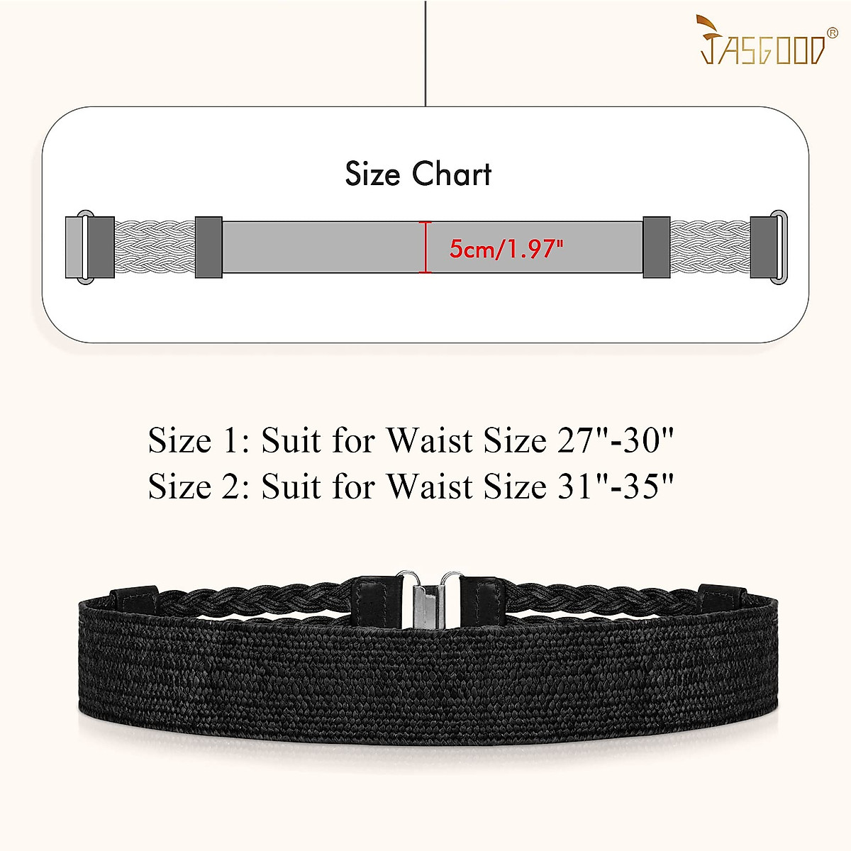 JASGOOD Straw Woven Elastic Belt Summer Boho Braided Dress Belt Women Stretch Waist Belt, C-Black, Fit Waist 30"-34"