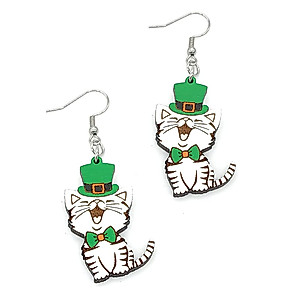 Pingyongchang St. Patrick's Day Earrings Irish Shamrock Rainbow Wood Dangle Drop Earrings Handmade Green Clover Cat Dog Wooden Earrings for Women Holiday Good Lucky Jewelry Gift-Cat