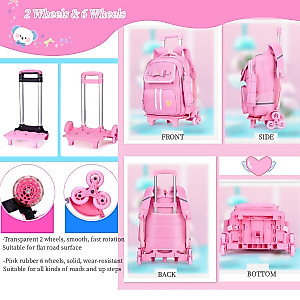 MITOWERMI Rolling Backpack for Girls Cute Trolley Bags Primary School Bookbags with Wheels Kids Carry-On Wheeled Backpack with Lunch Bag