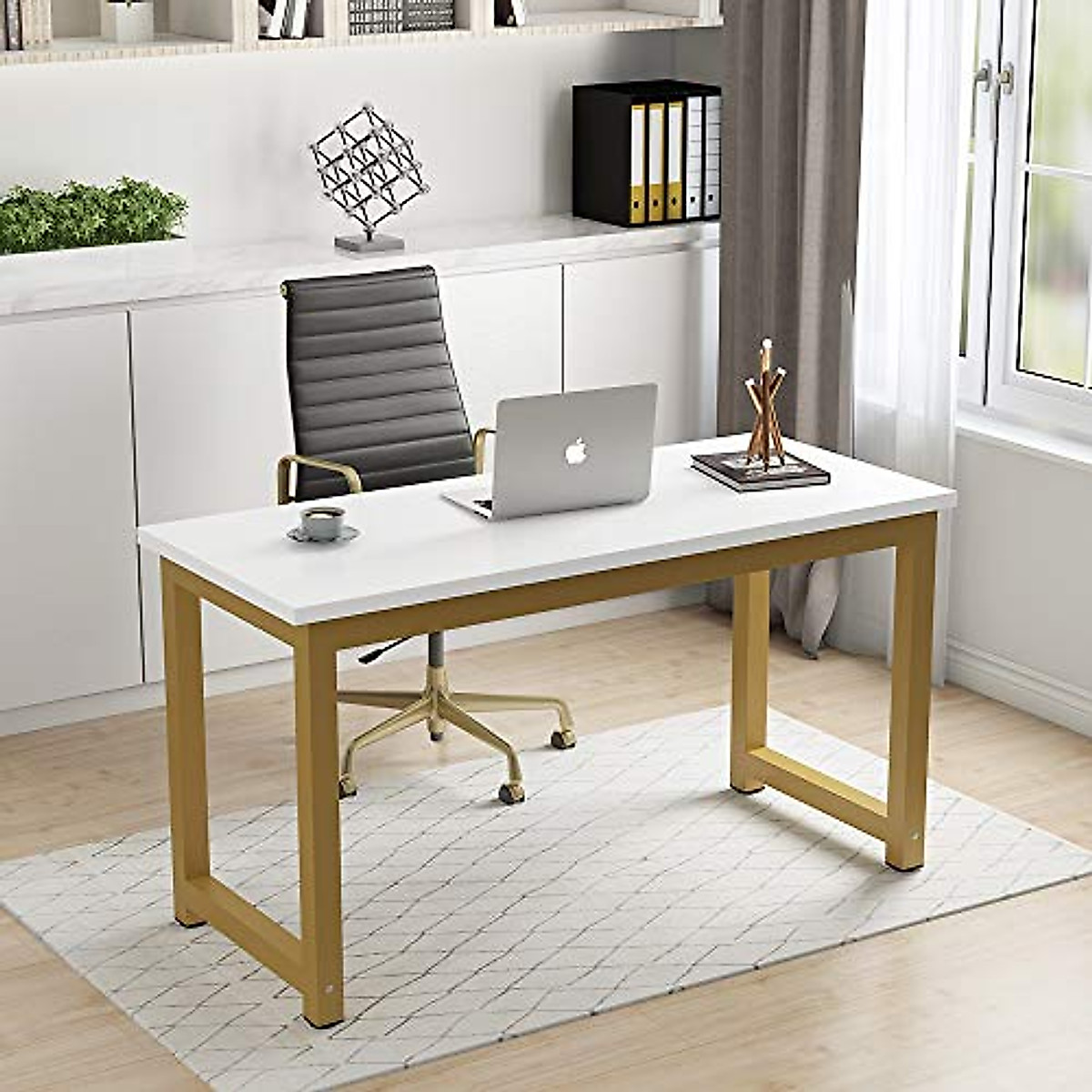 Tribesigns Modern Computer Desk, 55 inches Large Office Desk Computer Table Study Writing Desk for Home Office, White Gold Metal Frame