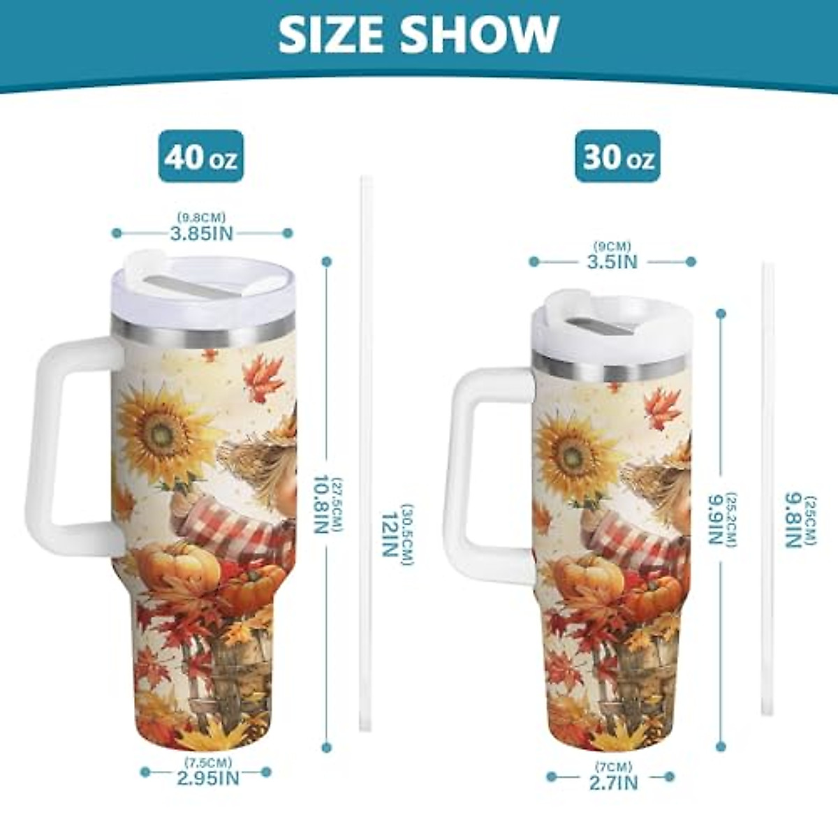 ODAWA Cute Scarecrow Autumn Maple Leaves Iced Coffee Tumbler Reusable Insulated Cup with Straw Water Cup