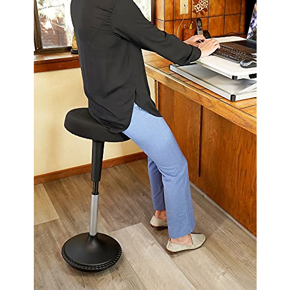 WOBBLE STOOL Standing Desk Chair ergonomic tall adjustable height sit stand-up office balance drafting bar swiveling leaning perch perching high swivels 360 computer adults kids active sitting black