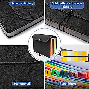 Sooez 24 Pockets Accordion File Organizer, Letter Size, Durable Leather Expanding File Folder, Paper Bill Tax Receipt Organizer, Large Capacity Document Holder with Blank Labels, Black