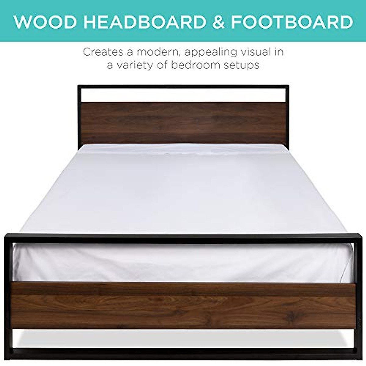 Best Choice Products Metal Wood Platform Bed Frame, Queen Size Mattress Support w/Wood Slats, No Box Spring Needed, Low Profile Headboard, Footboard, 660lb Capacity - Black/Brown
