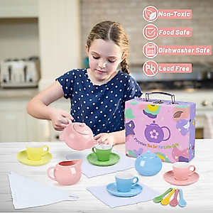 Porcelain Tea Party Set for Little Girls, 22 Pcs Princess Tea Time Toy Including Teapot,Saucers,Teacups,Sugar Bowl,Creamer Pitcher,Spoons & Tablecloth, Kids Kitchen Pretend Play for Girls Boys