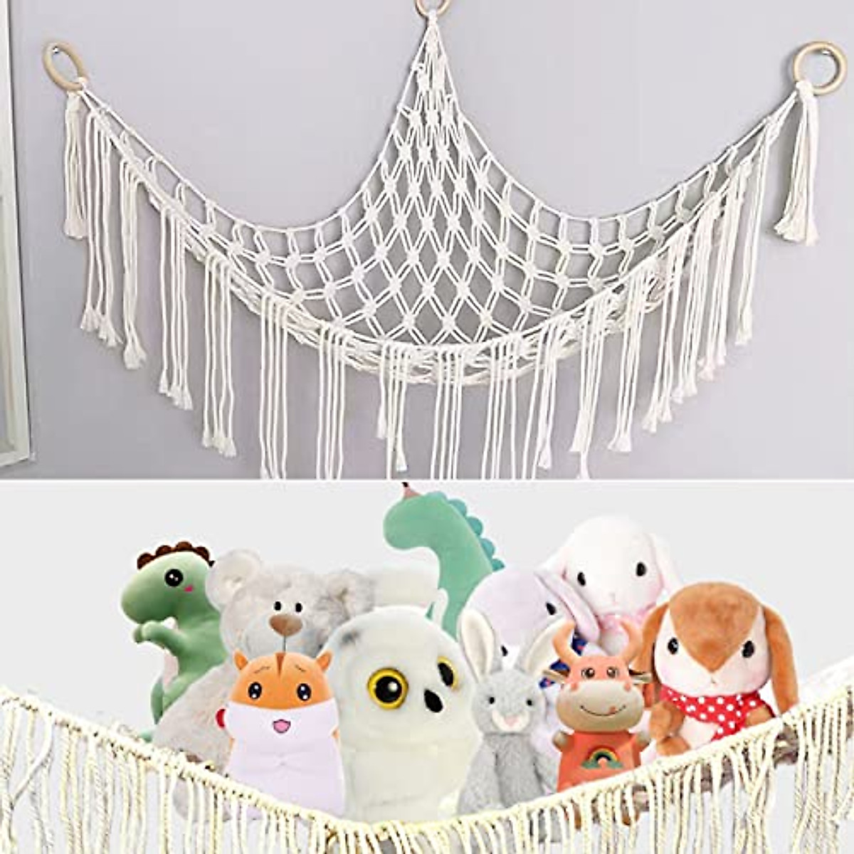 Boho Stuffed Animals Net Or Hammock Large,55 inch Toy Hammock Macrame Stuff Animal Storage Corner Hanging Net Holder,Mesh Hammock Plush Toy Organizer with Tassel & Hooks for Bedroom