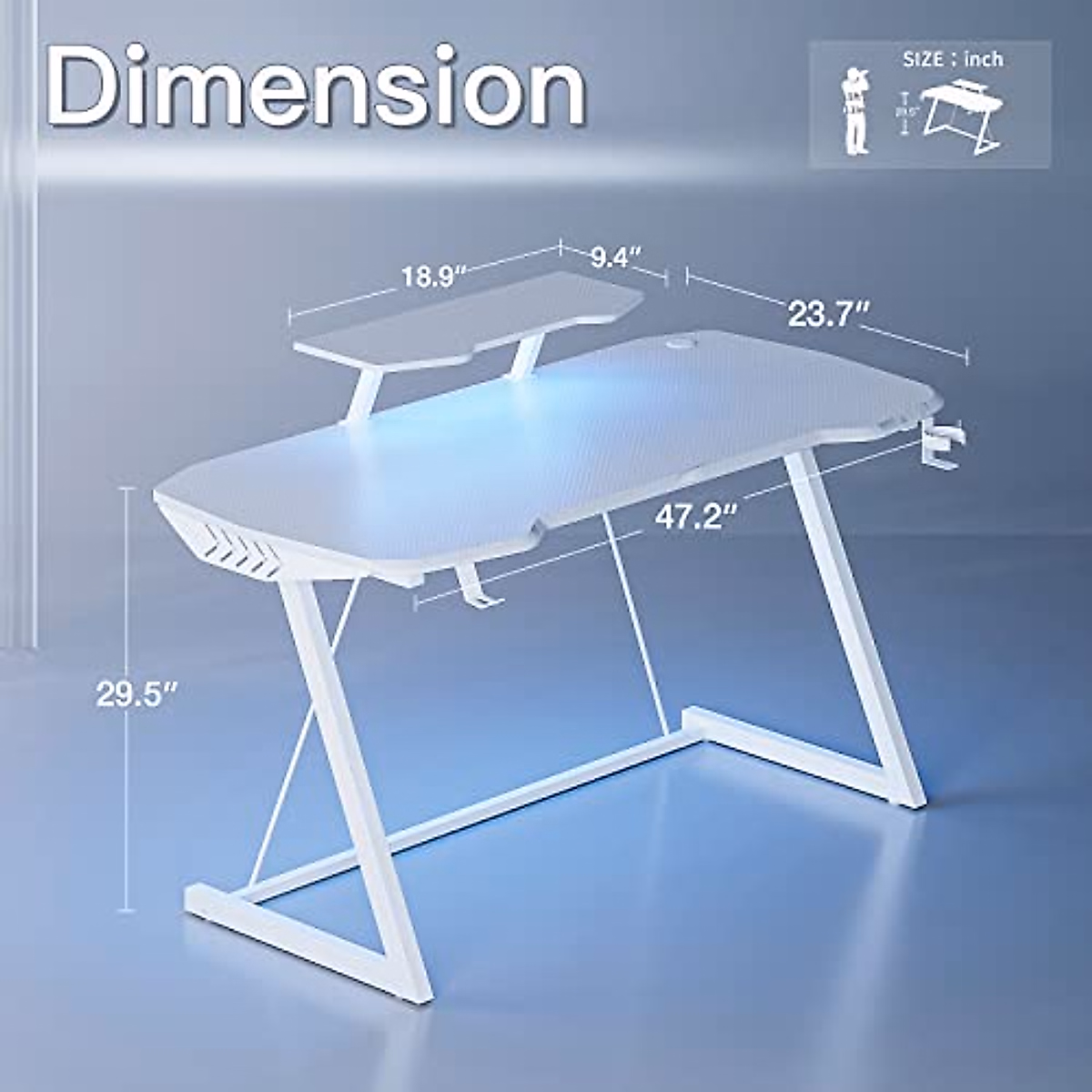 MOTPK White Gaming Desk with LED Lights, Gaming Table Desk 47 inch Z Shaped, Gamer Desk Ergonomic Sturdy, Kids Computer Desk with Monitor Stand Cup Holder and Headphone Hook, Black, Gift Idea