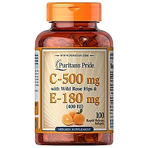 Puritans Pride Vitmain C 500 mg & E 180 mg with Rose Hips for Immune & Antioxidant Support by Puritan's Pe for Healthy Skin and Immune System Support, 100 Softgels