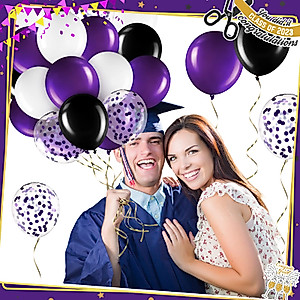 60 Pieces Balloons Kit 12 Inch Confetti Balloons with 2 rolls Ribbon Latex Balloon Party Favor Metallic Balloons for Birthdays Baby Shower Wedding Graduation Decorations (Black, Purple, White)