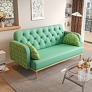 LEVNARY 56-inch Loveseat Small Couch, Modern Technology Cloth Sofa with Upholstered Back, Accent Comfy Tufted Couch with Throw Pillows and Solid Wood Legs for Compact Space Apartment (Green)