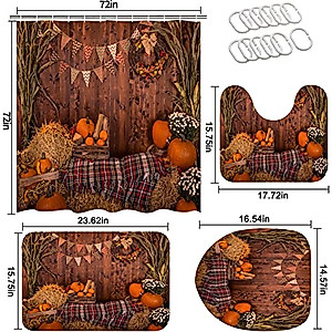 4PC Fall Thanksgiving Bathroom Set, Orange Pumpkin Shower Curtain Set with Shower Curtain and Rugs and Accessories,Bathroom Decor Shower Curtains with Soft Non-Slip Bath Mat and Toilet Lid Cover Mat