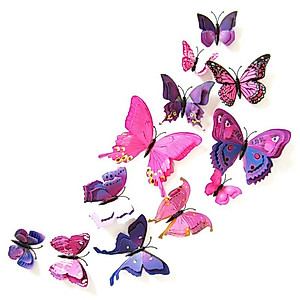 AKOAK 24 Pcs 3D Butterfly Wall Stickers, Double-Layer Wing Butterfly Art Decor Decals with Magnet and Double-Sided Adhesive for Room Home Nursery Decor,Pink/Purple
