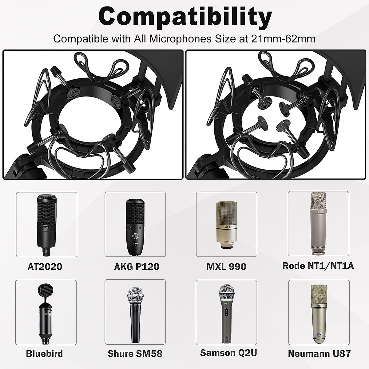 Mictop Universal Microphone Shock Mount with Pop Filter for All Microphones Size at 21mm-62mm, Includes Anti-Vibration Mic Holder and Pop Filter (Black)