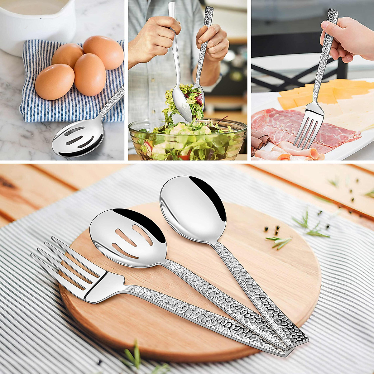 HaWare Hammered Serving Utensils Set, 6-Piece Stainless Steel Square Hostess Serving Set include Serving Spoon, Fork, Slotted Spoon for Party Buffet Banquet Catering, Mirror Polished, Dishwasher Safe