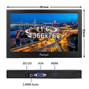 Prechen 11.6 inch Portable Monitor, 1366X768 External Screen for Computer Small Monitor for Laptop PS3 PS4 Raspberry Pi 3 2 1 Windows 7 8 10 System Home Office,Build in Speaker,60hz