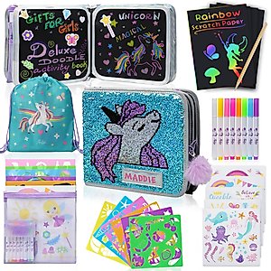 Unicorn Coloring Sets for Kids Ages 4-8, Great Travel Coloring Kit Or Activity Sets for Kids Ages 3-5, Reusable Coloring Book with Stickers, Scratch Paper, Washable Markers, Unicorn Gifts for Girls