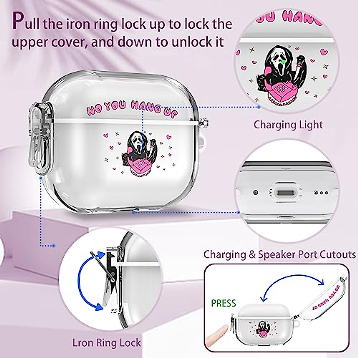 【with Lock】 for Airpods Pro 2/Pro Case, Scream & Ghost AirPods Pro 2nd/1st Generation Case Clear PC Hard Cover + Soft Silicone Inner Double Protection with Charm& Lanyard& Keychain for Women Girls