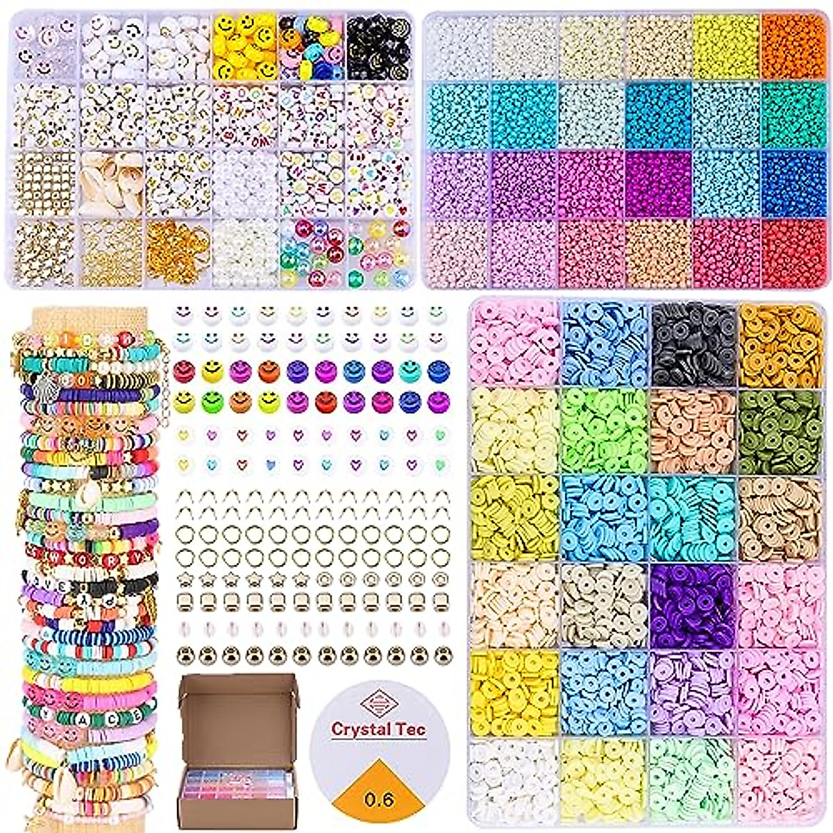 SJZWSD Friendship Bracelet Kit - 13000pcs Polymer Clay & Glass Seed Beads, 48 Colors, 6mm Heishi & 416 Letters Beads for Bracelet Making & Friendship Bead Creations