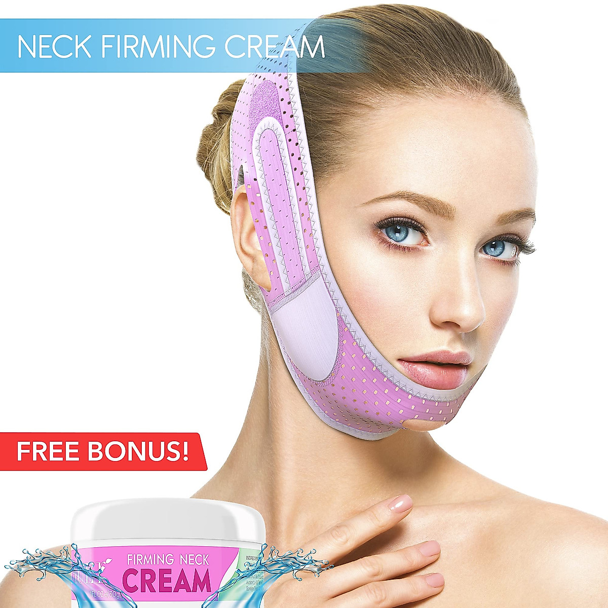 LAUER COSMETIC Double Chin Reducer Chin Strap Face Mask Reusable V Shaped Slimming Face Mask & Neck Firming Cream V Line Lifting Mask Chin Up Patch (Pink)