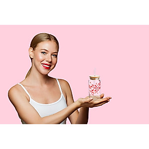 Aesthetic Cherry Blossom Glass Cup with Lid and Straw - Cute Coffee, Latte, Matcha Tumbler 16 oz - Floral Iced Coffee Cup - Preppy Birthday Gift for Women, Best Friends, Mom, Bridesmaid, Coffee Lover