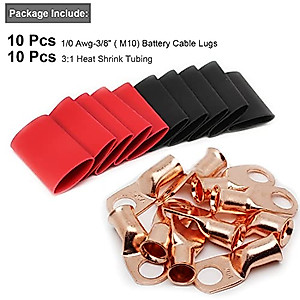 TKDMR 10pcs 1/0 AWG-3/8" Battery Lugs,Heavy Duty Wire Lugs,Ring Terminals,Battery Cable Ends,0 Guage terminals,Battery Terminal Connectors with 10pcs 3:1 Heat Shrink Tubing