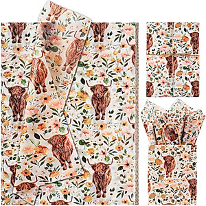 100 Sheets 20 * 14 Inches Floral Highland Cow Tissue Paper for Gift Bags, Boho Flower Gift Wrapping Tissue Paper for Birthday Wedding Baby Shower Cow Themed Party DIY Craft