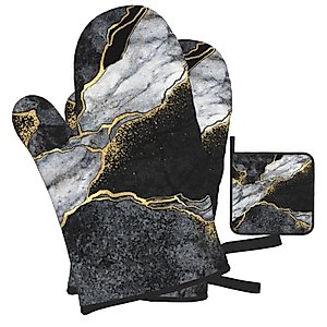 Oven Mitts and Pot Holders Sets of 3 Black Marble Gold Crack Kitchen Potholder Gloves Heat Resistant Non-Slip for Chef Baking Cooking Grilling BBQ Mittens