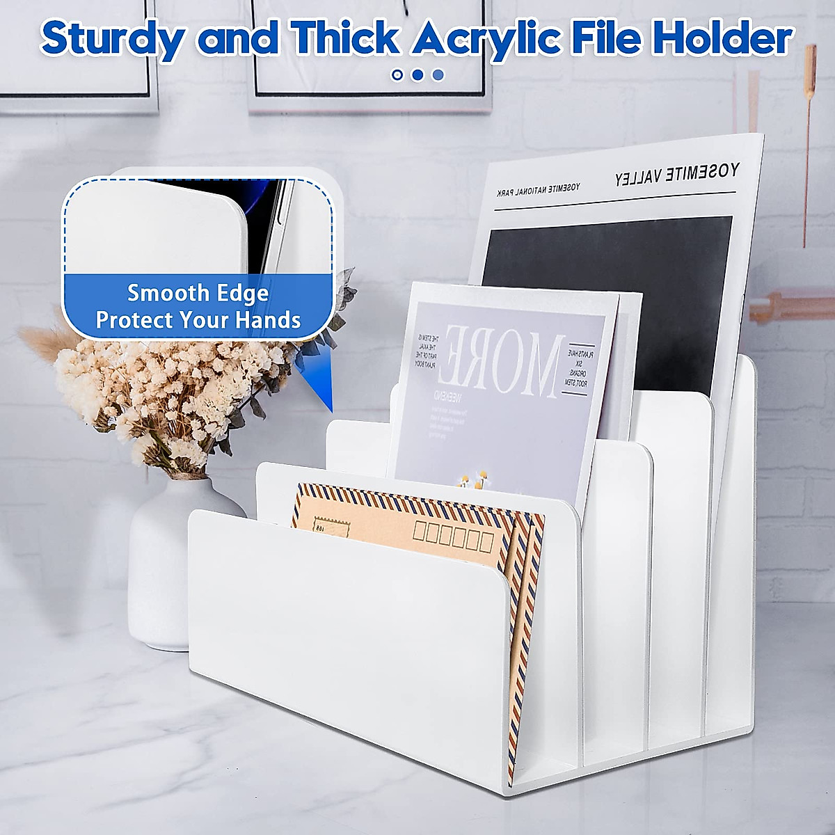 4 Section Acrylic File Organizer for Desk, White Acrylic Desk Organizer and Accessories, Sturdy & Thick Acrylic File Folder Holder Sorter, Office Supplies for Mail Letter Paper Electronic