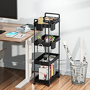 Mosxoed Slim Storage Cart Rolling Utility Cart with Wheels 4 Tier Mobile Bathroom Organizer Cart for Laundry Room Kitchen Office Narrow Space with Handle Hanging Cups Dividers, Black, 35" H