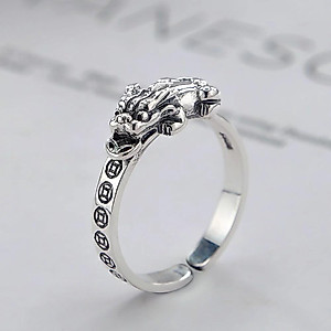 JUNTEN Sterling Silver Feng Shui Pixiu Rings for Men Women Good Lucky Wealth Ring Open Adjustable Ring