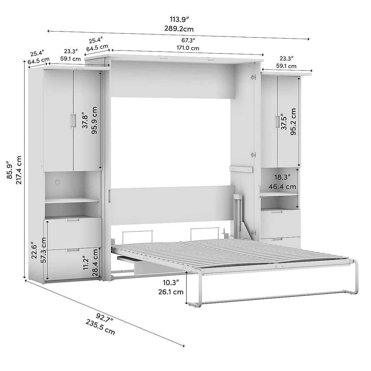 Bestar Lumina Murphy Bed with Desk and 2 Storage Cabinets in White, Sleeping Arrangement with Drawers, Queen