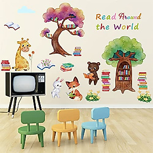 Colorful Inspirational Wall Decals,Reading Animals Wall Stickers Nursery Decor,Cartoon Tree Animal Wall Stickers Peel and Stick,Reading Wall Decal Baby Classroom Kids Room Bedroom Reading Corner Decor