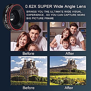 Phone Camera Lens, Clip on Cell HD Phone Super Wide Angle Lens kit, 0.62X Super Wide Angle Lens, for Most iPhone Android Samsung Phones and Smartphones