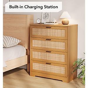 GarveeHome 4 Drawer Dresser Rattan Dresser, Tall Chest of Drawers, Wood Dresser for Bedroom, Closet, Living Room, Hallway