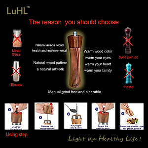LuHL™ 8 inch Small pretty waist Acacia wooden pepper or salt mill, manual spice grinder